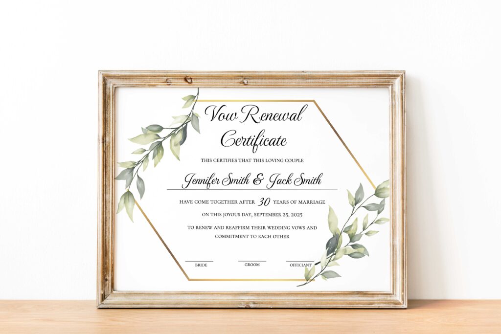 Vow Renewal Certificate, Editable Gold Wedding Certificate Template ...
